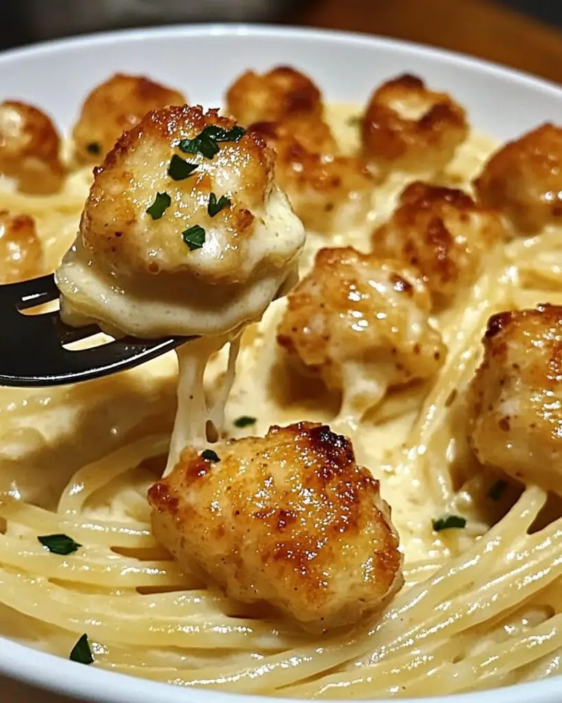 Golden Garlic Chicken Bites Over Creamy Parmesan Pasta - Savory Splash