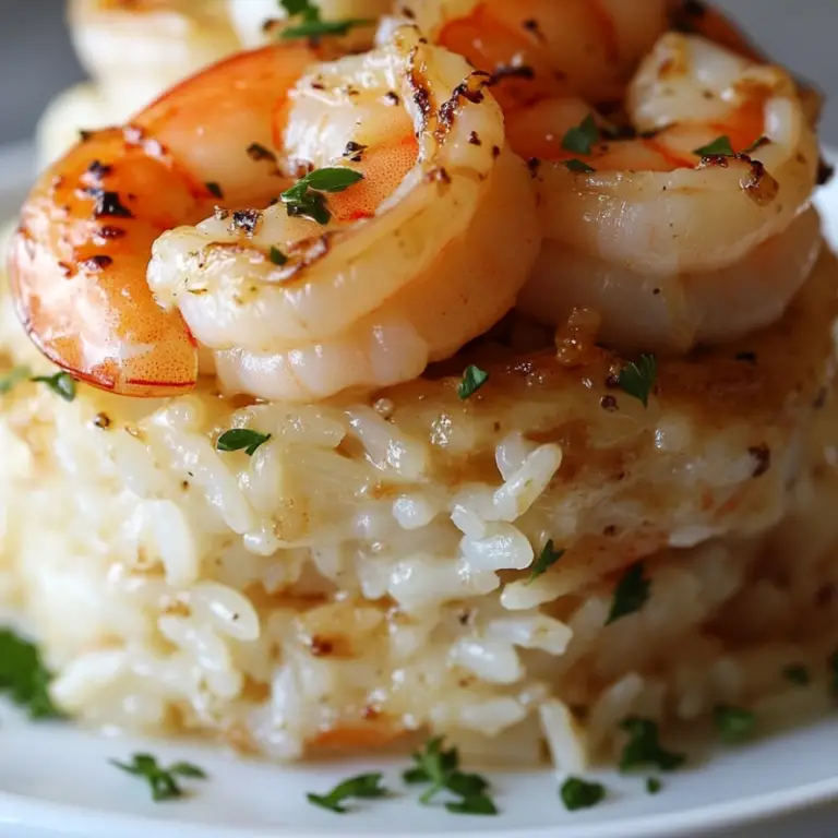 Garlic Shrimp Rice Stack - SavorySplash