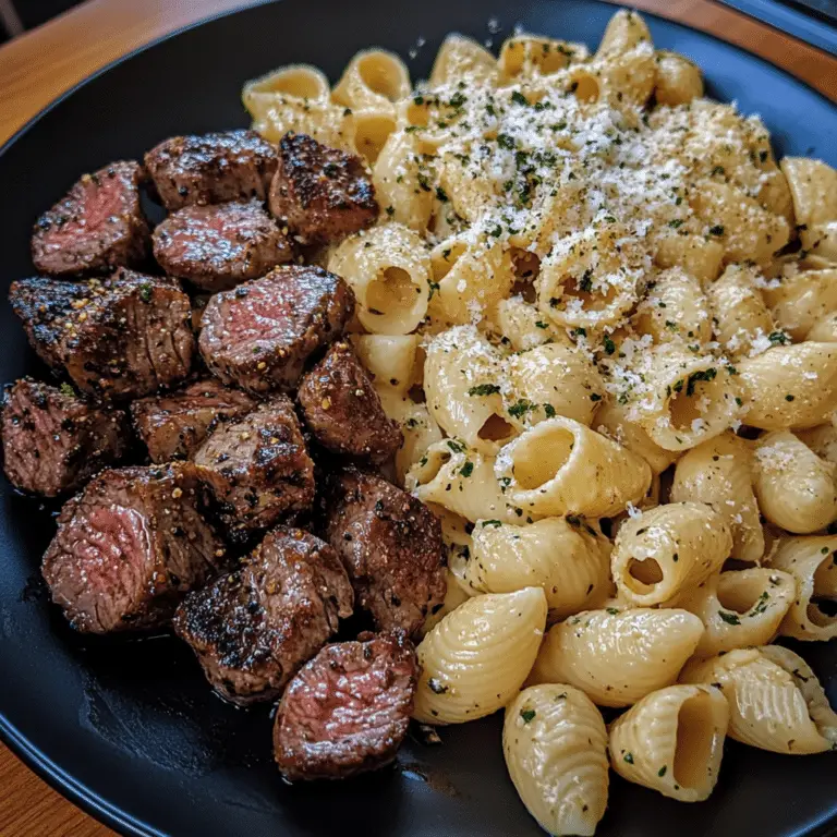 Garlic Butter Steak Bites & Creamy Parmesan Pasta Shells - Savory Splash