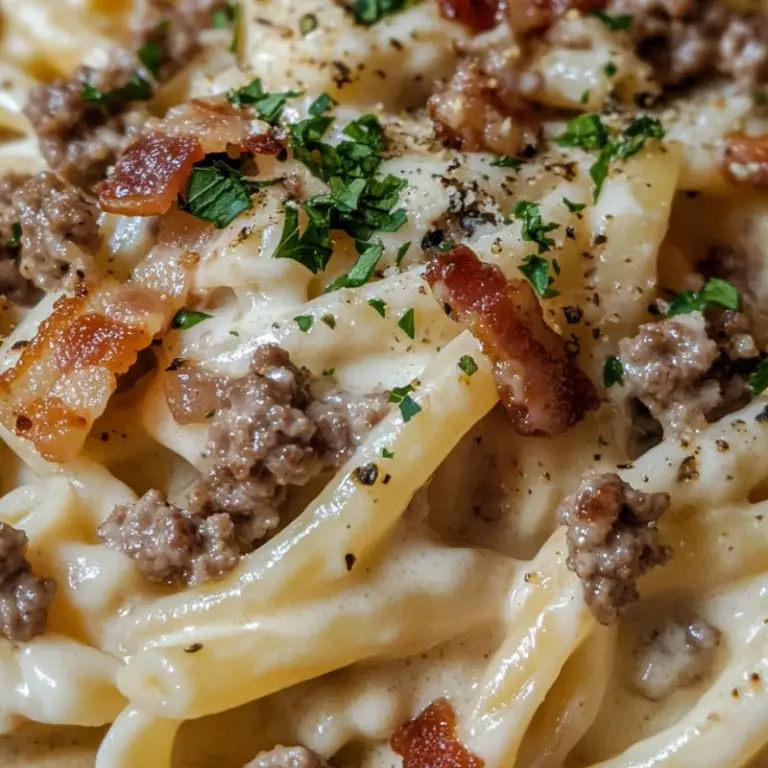 Creamy Loaded Bacon Cheeseburger Alfredo Pasta – SavorySplash