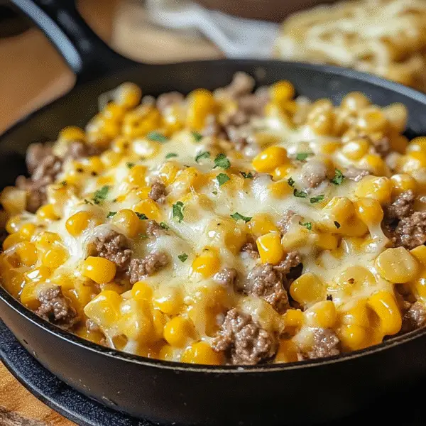 Golden Corn Ranch Beef Skillet with Melted Cheddar Bliss - Savory Splash